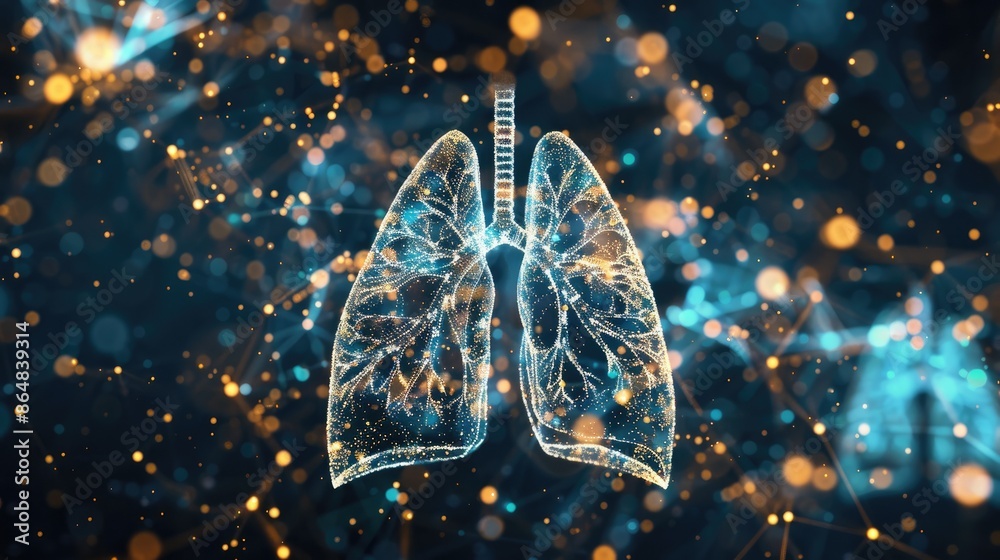 Glowing Digital Wireframe of Lungs Against a Dark Background with Blue ...