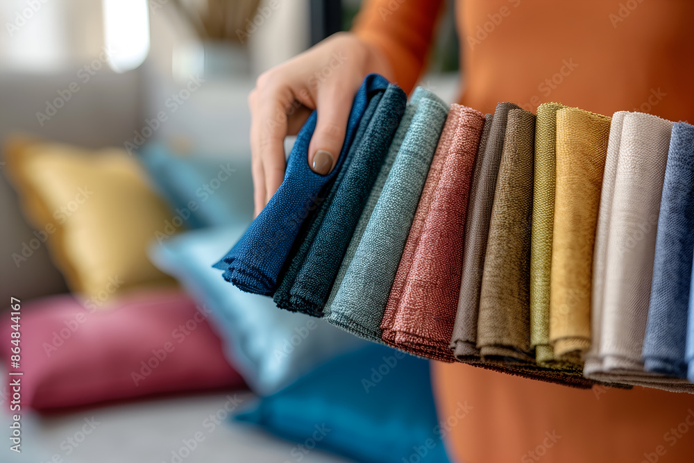An interior designer meticulously exchanging color samples and fabric ...