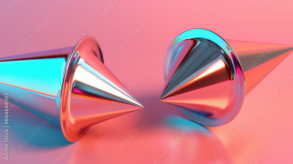 Reflective cones with spiky bottoms on a pink gradient background ...