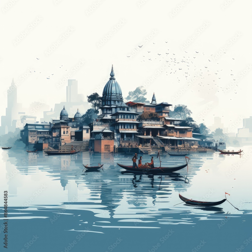 Flat Design Vector Art Depicting Varanasi's Iconic Ghats and Temples ...