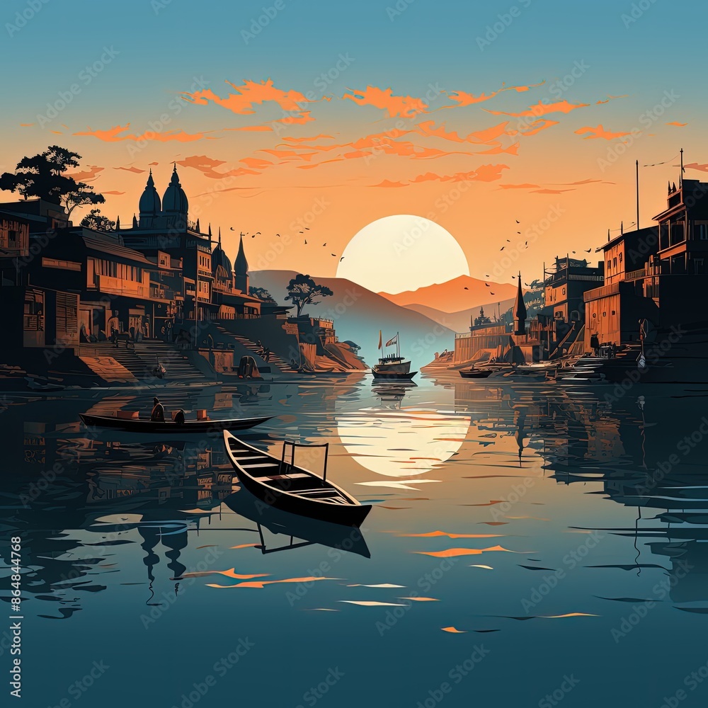 Flat Design Vector Art Depicting Varanasi's Iconic Ghats and Temples ...