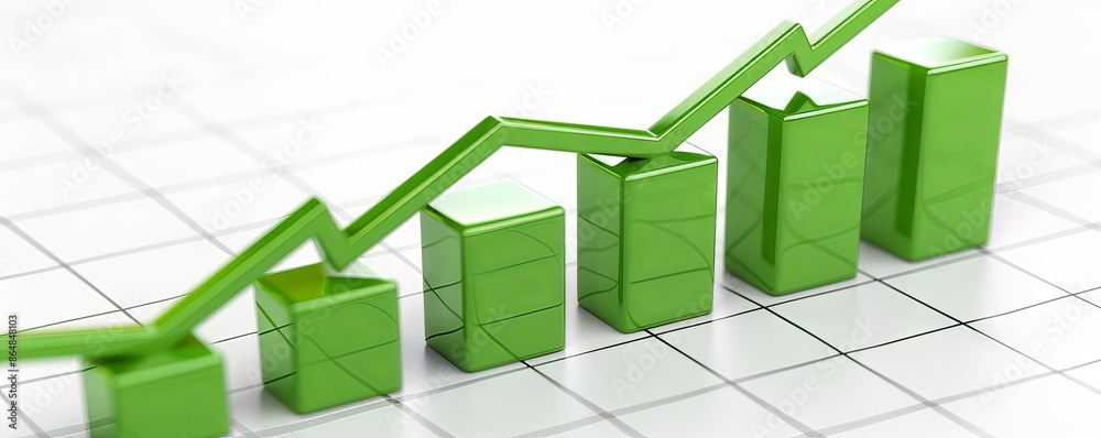 Green bar graph showing upward trend on grid background, representing ...