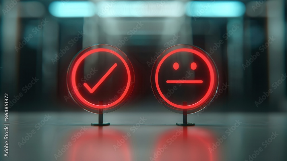 Check Mark and Neutral Face Emojis in Red Neon Lights Stock ...