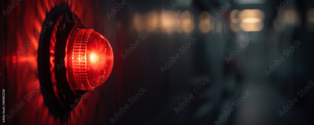 Dimly lit hallway with a glowing red alarm light on the wall ...