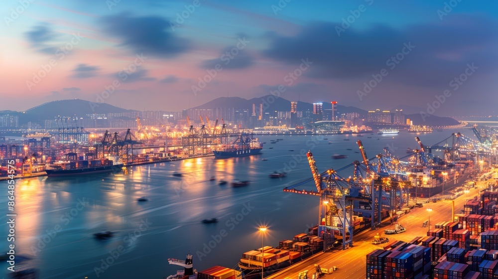 A bustling modern harbor at dawn, with cargo ships lined up at the ...