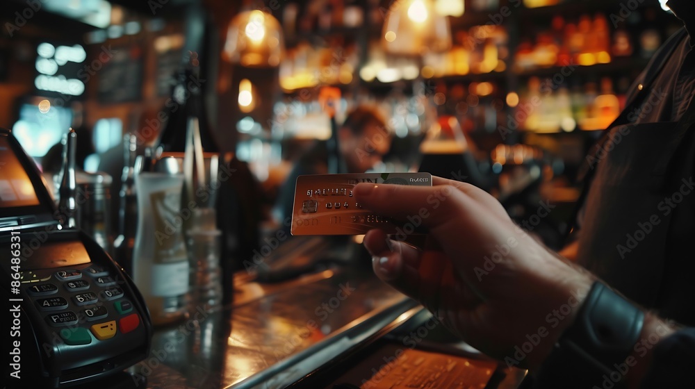Debit card point of sale and hands of restaurant people cashier clerk ...