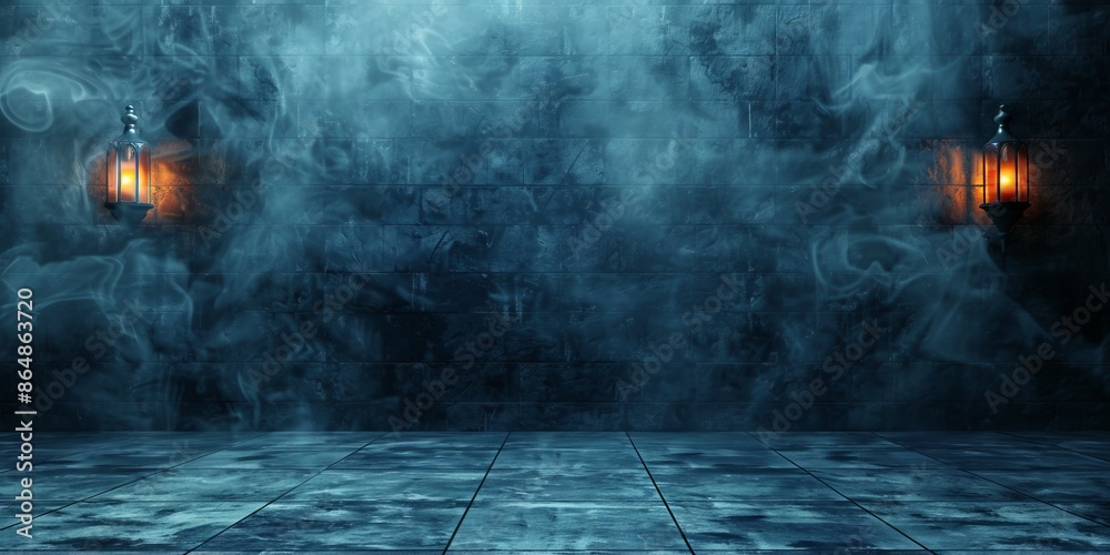 Dark and misty dungeon with eerie lanterns illuminating the stone walls ...
