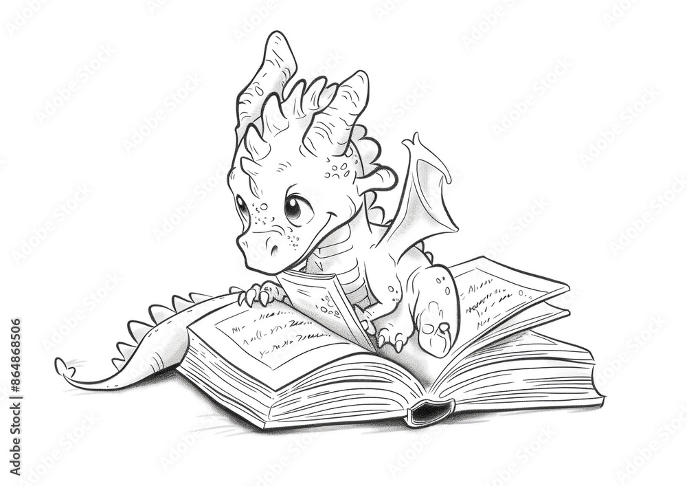 Cartoon baby dragon reading a book, outlined for coloring, on a white ...