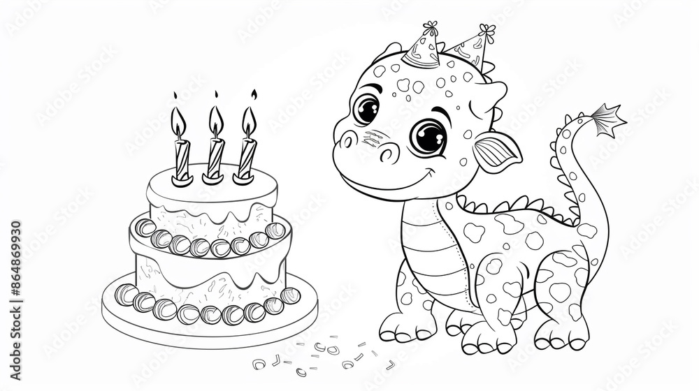 Cartoon baby dragon with a birthday cake, outlined for coloring, on a ...