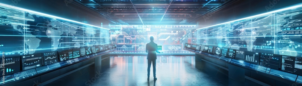 Professional team executing cyber threat management strategies in a high-tech control center ...