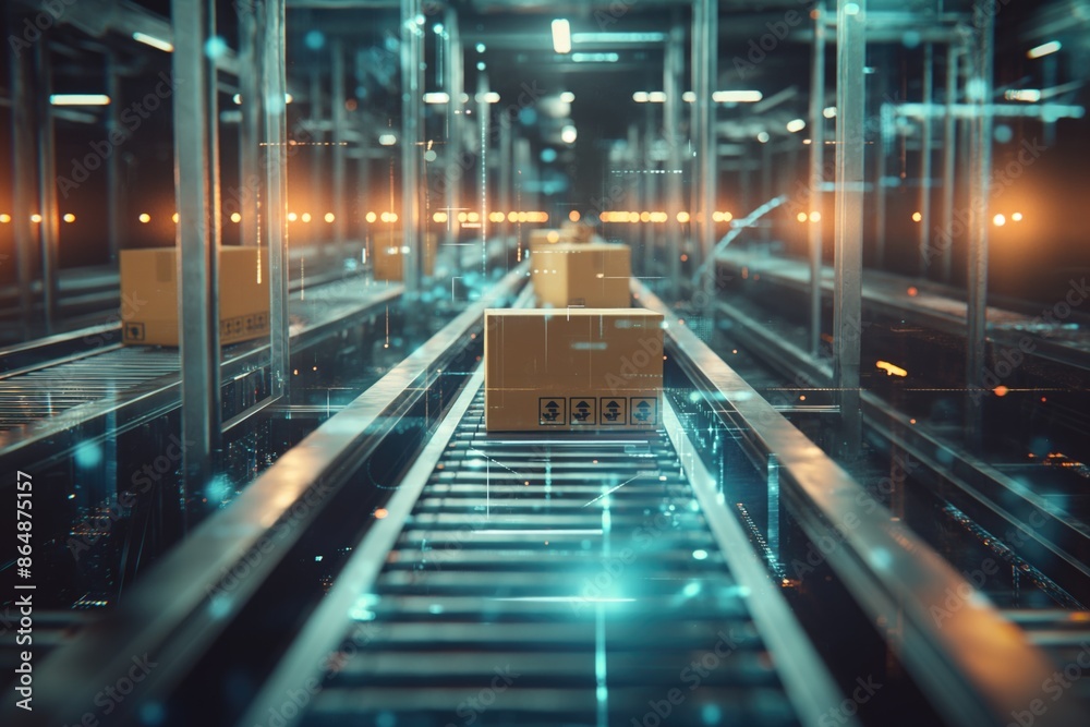 Automated warehouse with cardboard boxes on conveyor belts. High-tech ...