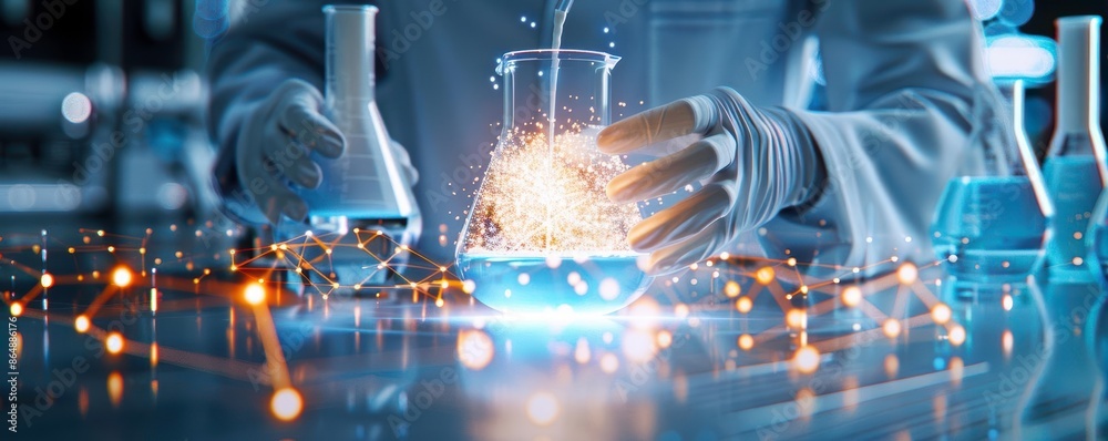 Scientist conducting a chemistry experiment in a lab, with sparks and ...