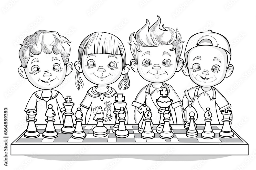 Cartoon kids with a school chess team, outlined for coloring, on a ...