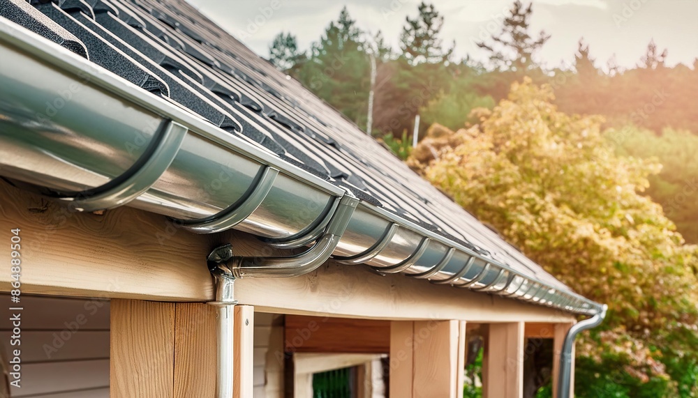 Metal gutters for the roof of a house background. Rainwater drainage ...