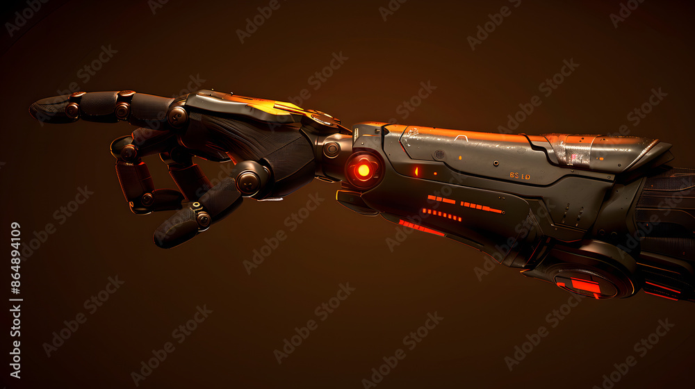 A 3D rendering of a cyborg's robotic hand, featuring sleek metal and ...
