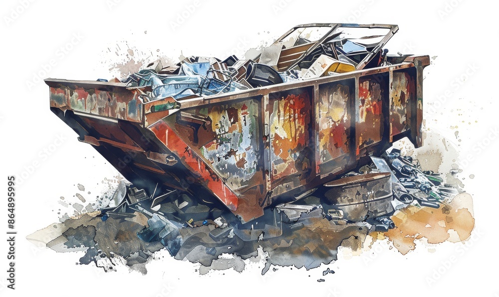Recycle, scrap and rust on skip in junkyard for sorting, garbage and ...