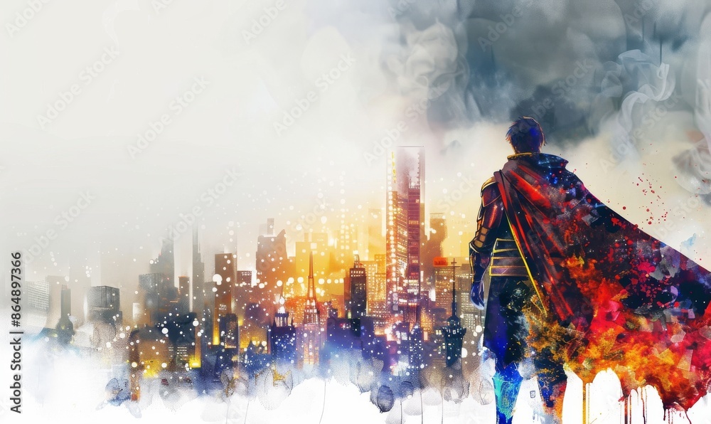 Back view of medieval knight looking at modern city. Time travel ...