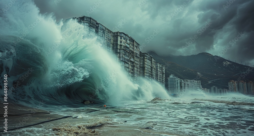 Giant wave of water and wind rolling over buildings on the beach in ...