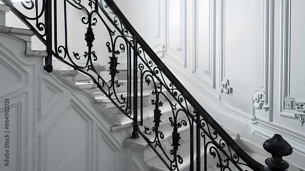 Black iron railing pattern of staircase and corridor on white wall ...