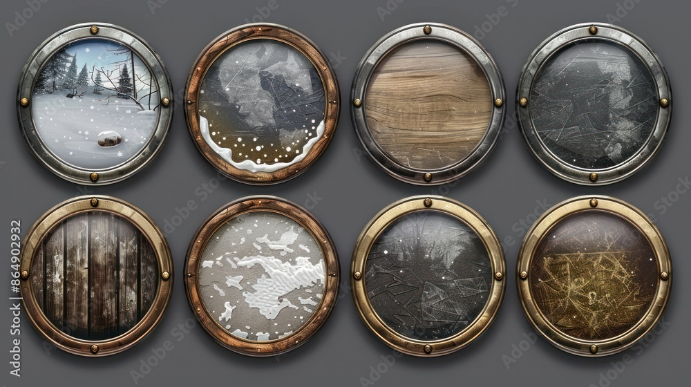 Set of round ui game frames, textured circles made of silver, gold ...