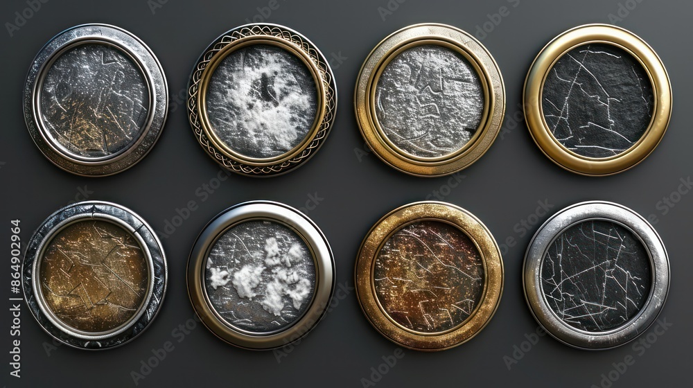Set of round ui game frames, textured circles made of silver, gold ...