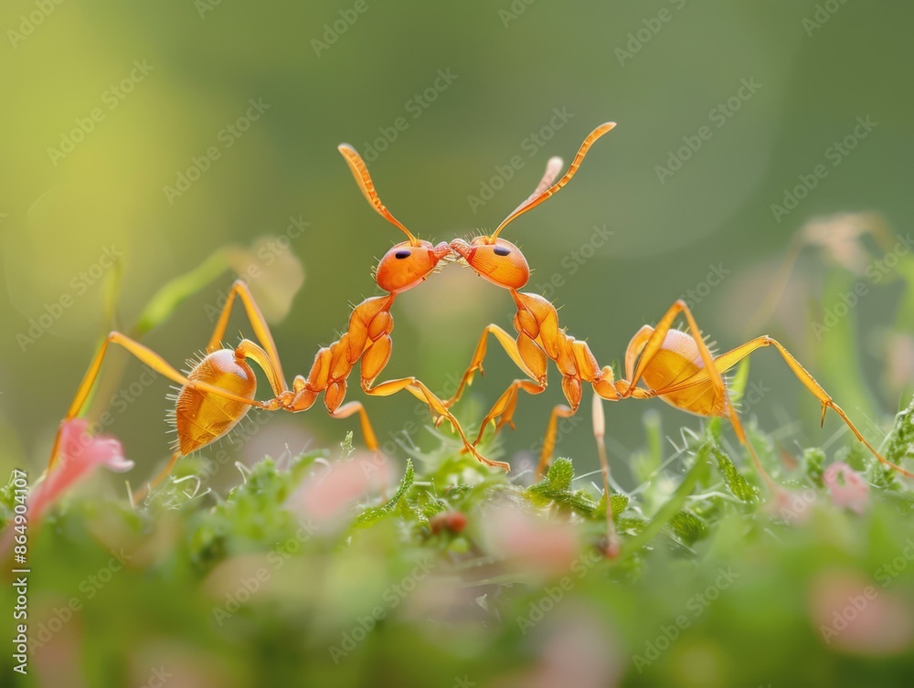 Two ants are kissing each other on a green grassy field. AI. Stock ...
