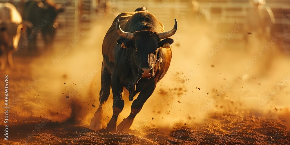 Bull riding at a rural rodeo in a dusty arena. Concept Rodeo Sports ...