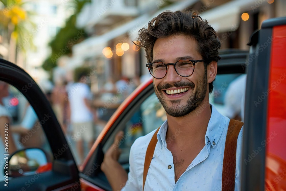 Portrait of a laughing young male valet, with some people wearing ...