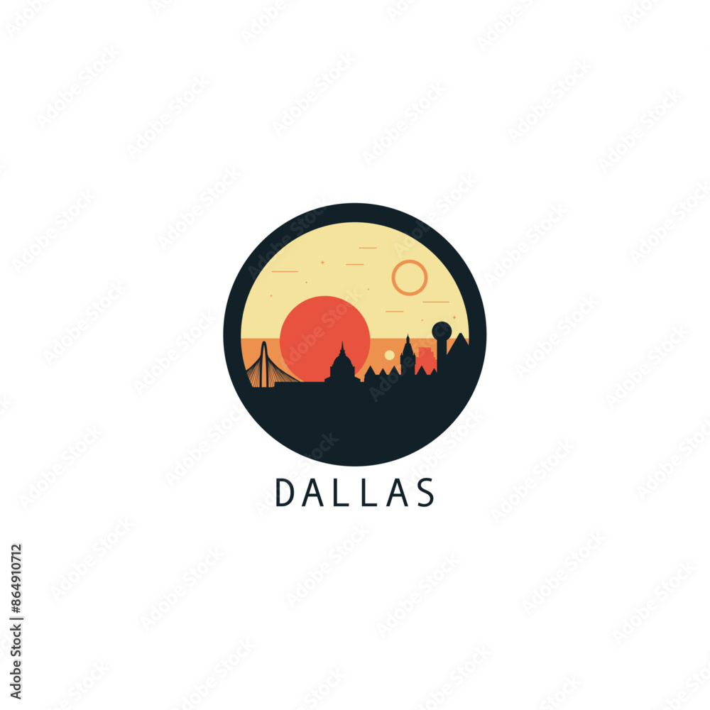 Dallas skyline, downtown panorama logo, logotype. USA, Texas state ...