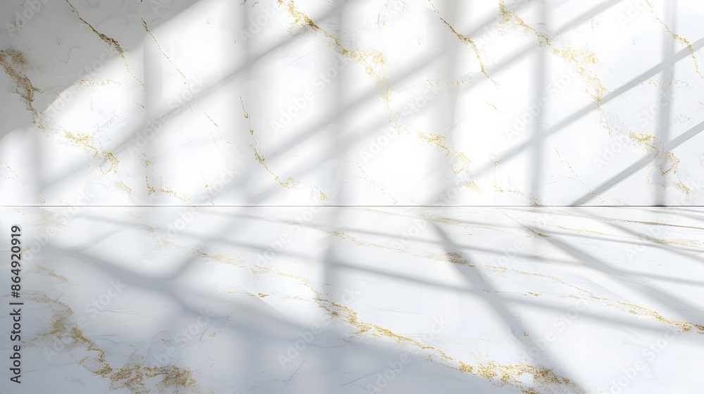 white marble with golden veins wall and floor, sun rays shining through ...