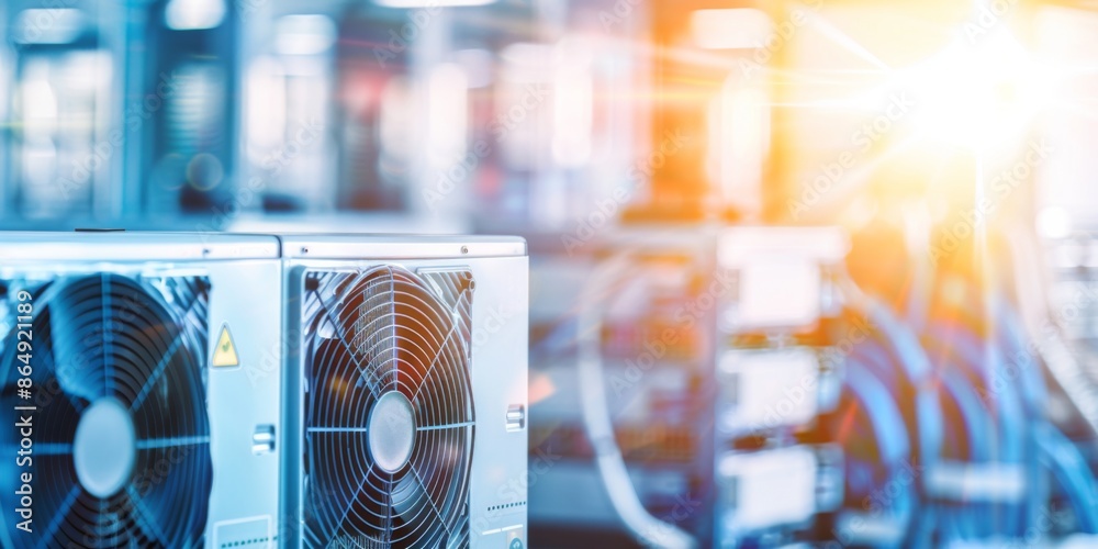 Long rows of cooling tower sets, cooling fans in the data center room ...