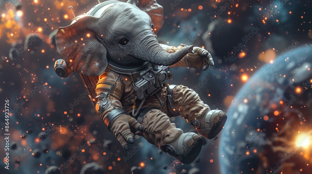 Cute elephant in space wearing spacesuit. Exploration concept, space ...