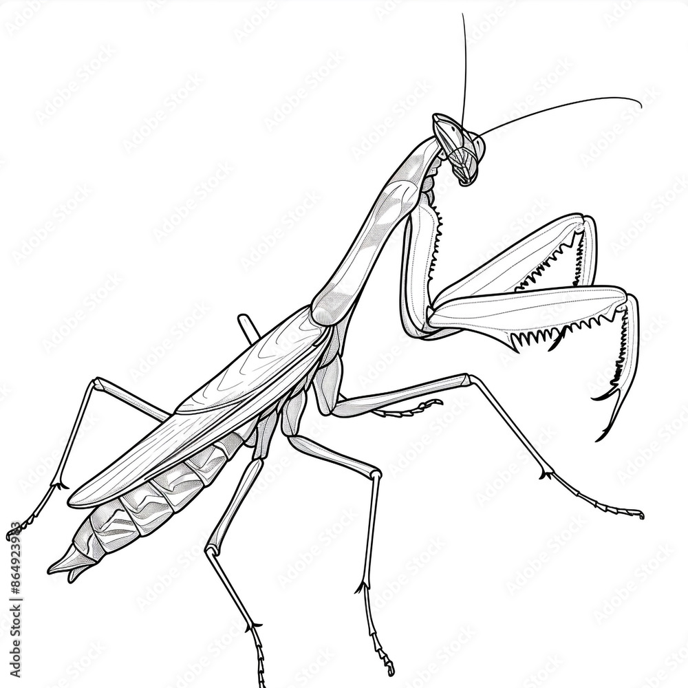 Sketch outline of a mantis in a striking pose, outlined for coloring ...