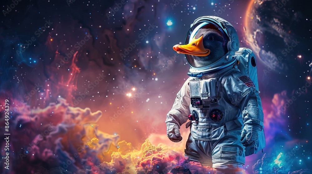 Cute duck in space wearing spacesuit. Exploration concept, space glaxy ...