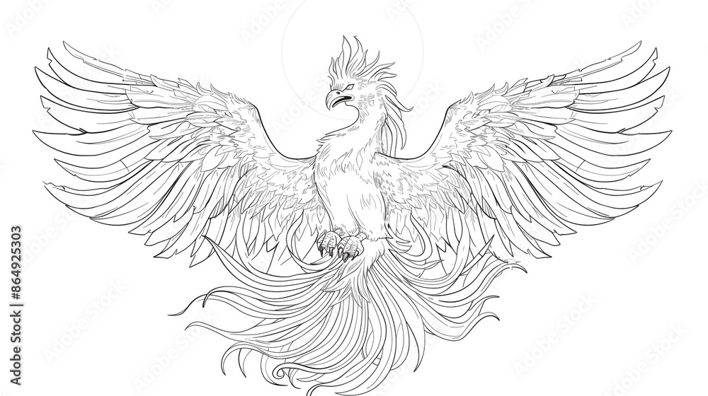 Sketch outline of a phoenix rising from the ashes, outlined for ...