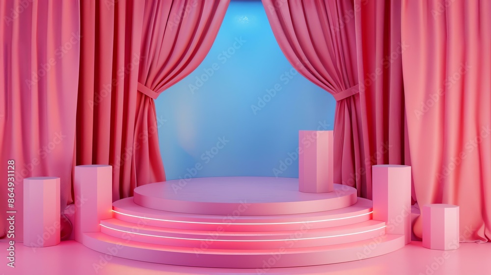 3D rendering of a pink stage with a blue background. There are pink ...