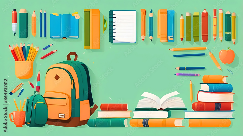 Back to school background of school supplies such as books, pencils and ...