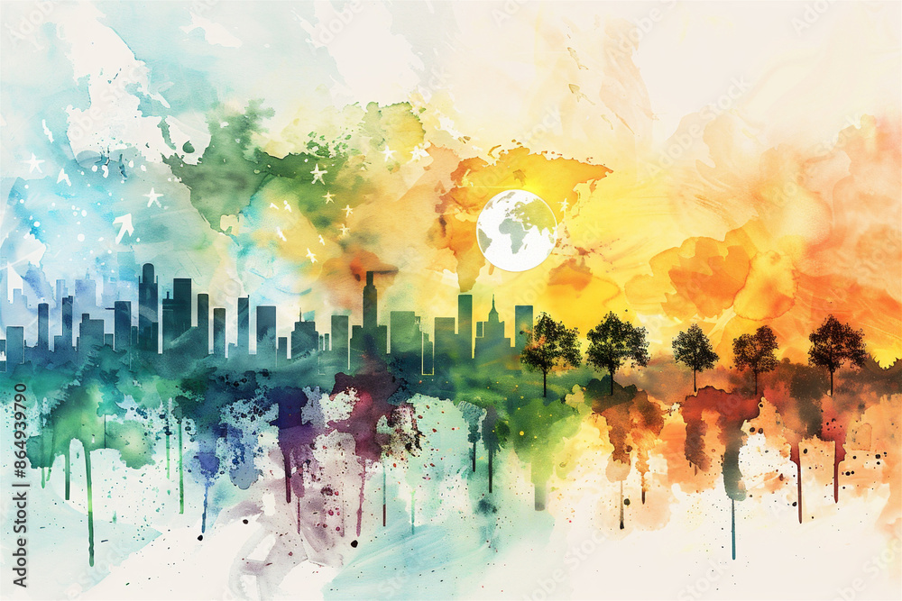 Vibrant Watercolor Painting of Sustainability, Environmentally Friendly ...