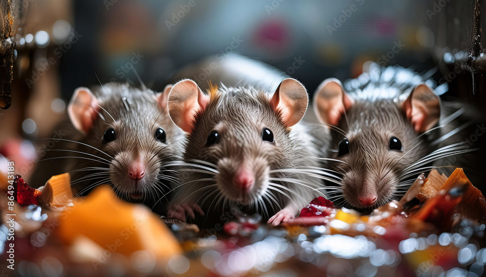 Close-up of filthy sewer rats in a dark, garbage-filled environment ...