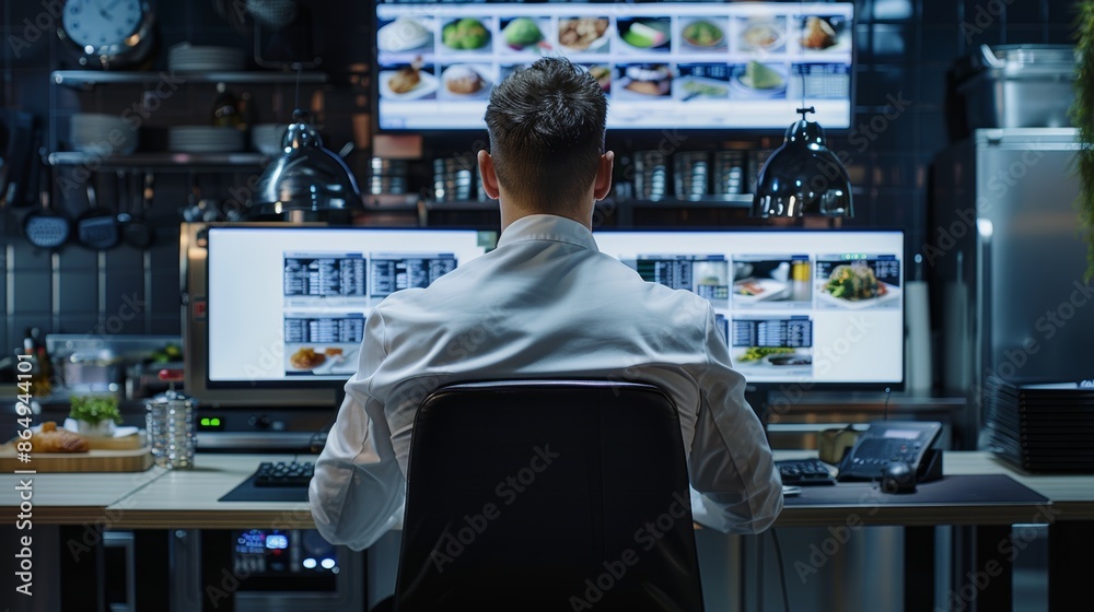 Chef sits at his desk, planning recipes and managing kitchen staff ...