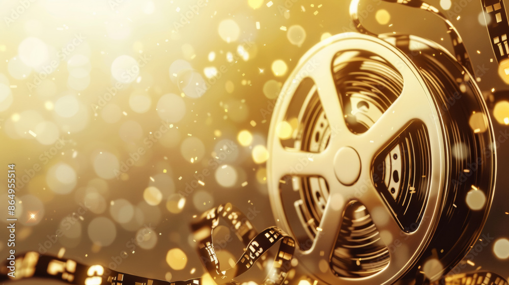 cinema illustration, film stocks in the air, light gold background ...