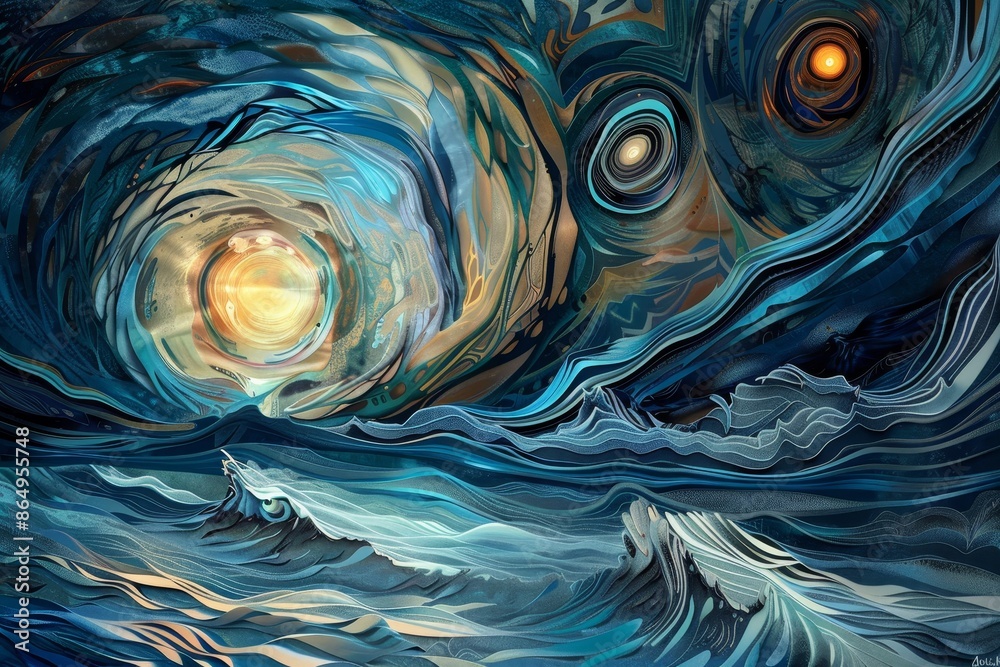 A painting depicting a wave swirling with a bright light at the end ...