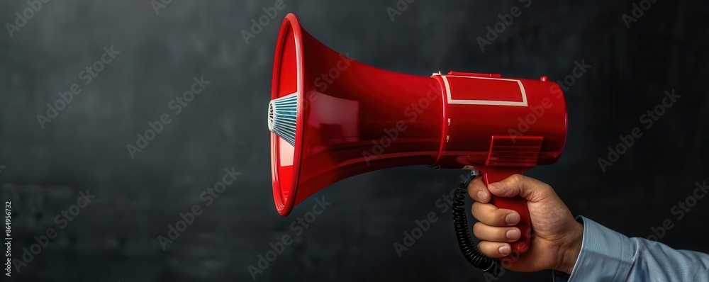Business hand holding red alert megaphone symbol against dark ...