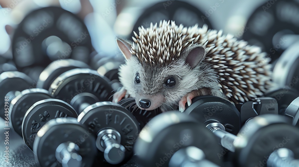 Cute and funny little hedgehog is posing in the gym surrounded by a lot ...