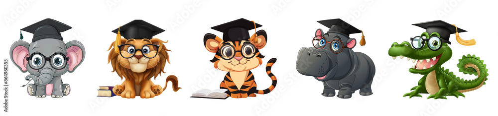 Cute cartoon animals wearing graduation caps and glasses, perfect for ...