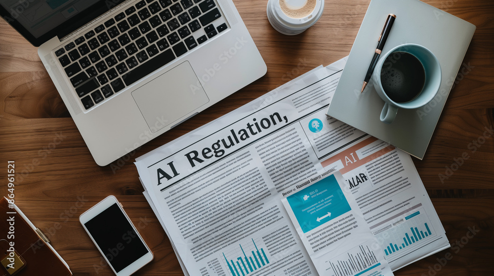 Office Desk with Documents and a Newspaper Highlighting AI Regulation ...