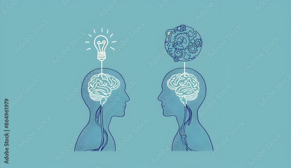 Two simple light blue human heads connected by wires with gears inside ...