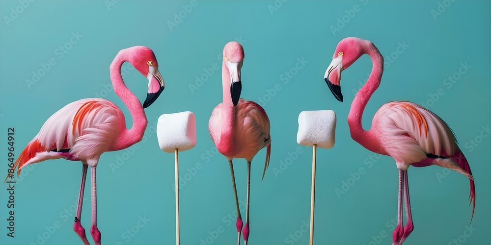Cartoon flamingos roast marshmallows with long beaks instead of sticks ...