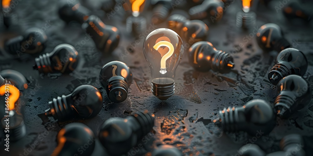 Question marks and light bulb symbolize problemsolving creativity and ...