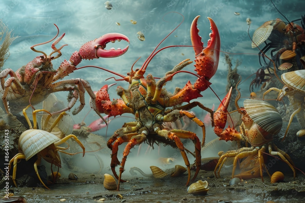 Several crabs and other marine creatures in the ocean, A surreal scene ...